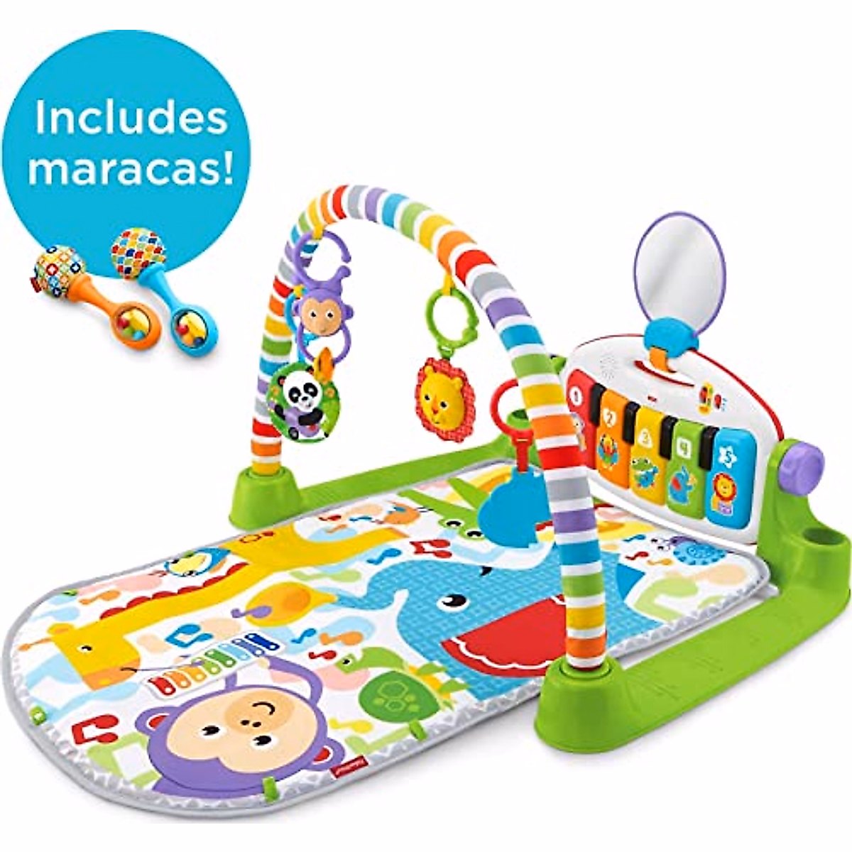 Fisher-Price Baby Playmat Deluxe Kick & Play Piano Gym & Maracas With Smart Stages Learning Content, 5 Linkable Toys & 2 Soft Rattles [Amazon Exclusive]