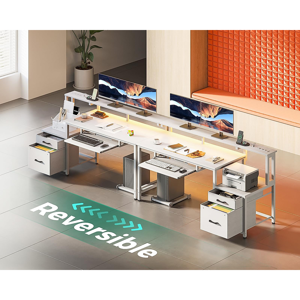 AODK 55" Computer Desk with Fabric File Cabinet and Drawer, Reversible Office Desk with Power Outlet and LED Light, Study Desk with Printer Stand, Keyboard Tray, Full Monitor Riser and PC Stand, White