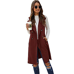 SheIn Women's Double Breasted Long Vest Jacket Casual Sleeveless Pocket Outerwear Longline Burgundy X-Large