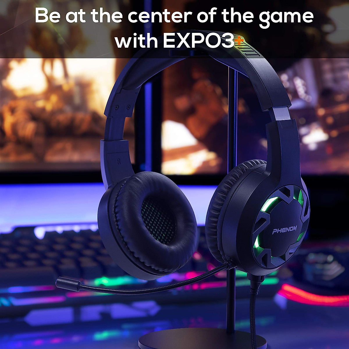 Phenom EXPO3 Stereo Gaming Headset for PS4, Xbox, Tablet or Smartphone, Noise Cancelling Headphones with Boom Mic and LED Glow Lights (Green)