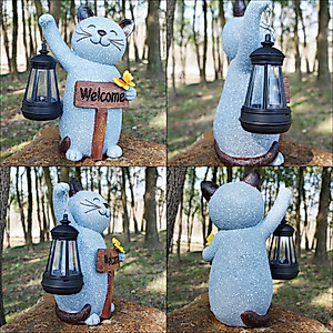 Juegoal Garden Statue Solar Cat Figurine with LED Lantern, 10" Tall Resin Kitten Hold Welcome Sign Yard Art, Outdoor for Whimsical Lawn Porch, Lighted Housewarming Birthday Gifts for Mom Grandma