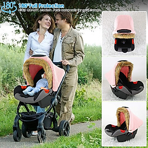 Yinuoday Baby Car Seat Cover with Faux Fur Hem Winter Knitted Stretchy Infant Stroller Cover Carseat Canopy for Boy Girl Indoor Outdoor
