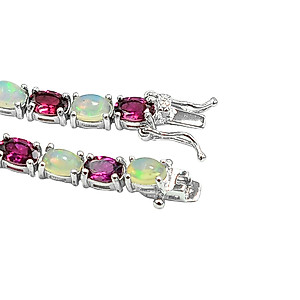 6X4 MM Oval Cut Natural Red Rhodolite Garnet Ethiopian Opal Gemstone 925 Sterling Silver January Birthstone Women Jewelry Tennis Bracelet Wedding Gift For Bridal Gift Christmas Gift For Girlfriend Gift (Rhodium Plated Silver, 6.5 Inches)