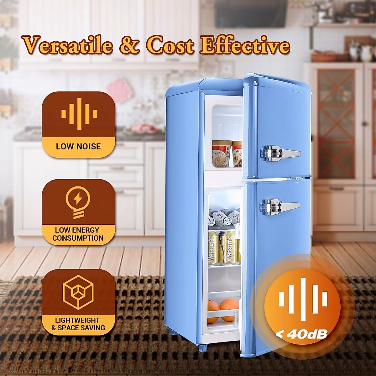 OOTDAY Retro Mini Refrigerator, 4 Cu. Ft. Small Fridge with Freezer, 2-Door Retro Compact Refrigerator with Adjustable Thermostat,Removable Shelves for Bedroom,Kitchen,Office,Dorm(Blue)