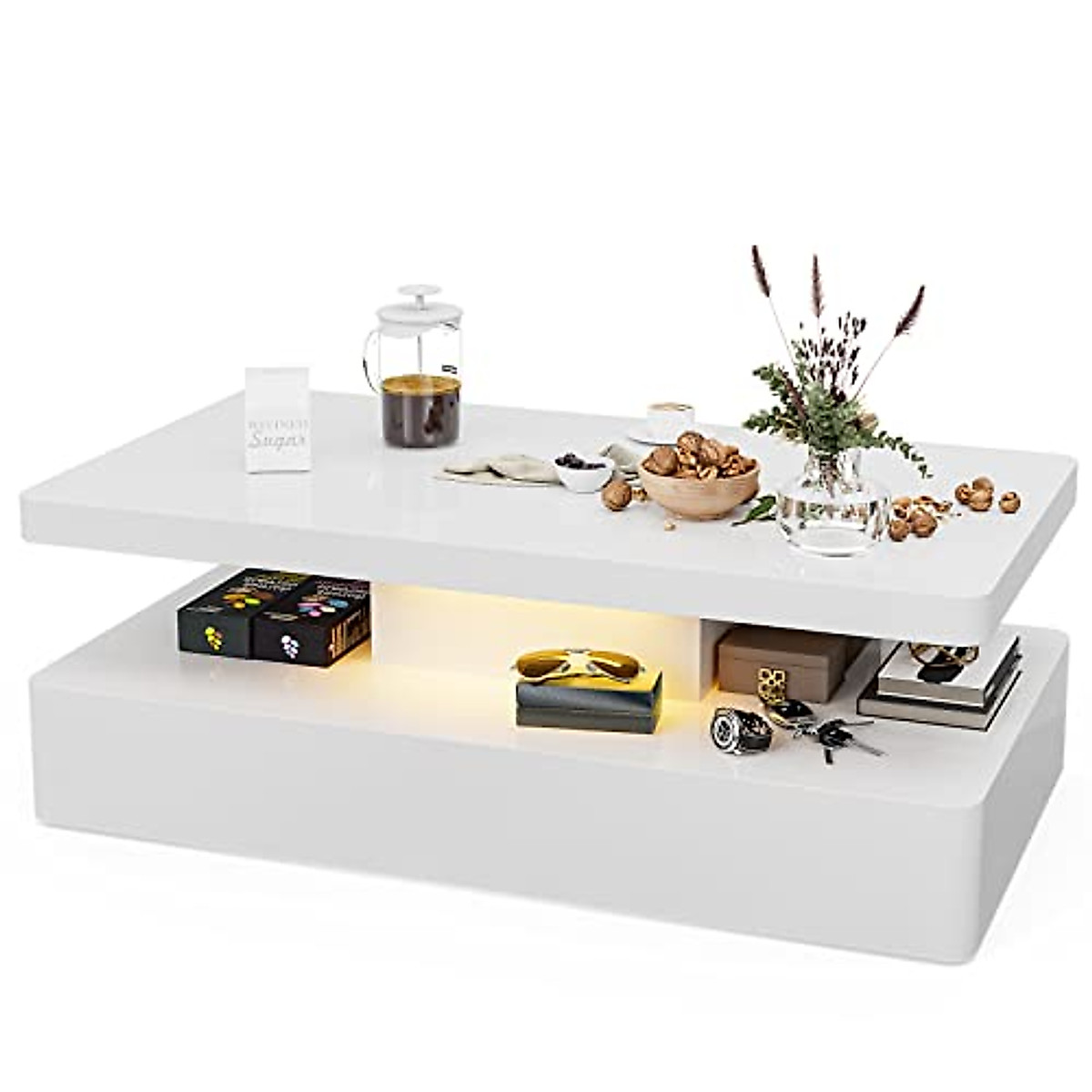 IKIFLY Modern High Glossy White Coffee Table with 16 Colors LED Lights, Contemporary Rectangle Design Living Room Furniture, 2 Tiers