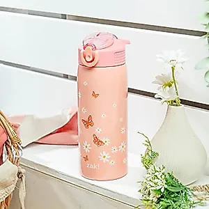 Zak Designs Water Bottle for Travel and At Home, 19 oz Vacuum Insulated Stainless Steel with Locking Spout Cover, Built-In Carrying Loop, Leak-Proof Design (Daisies)