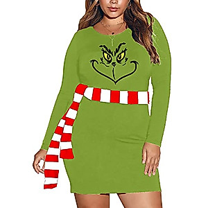 Christmas Grinch Dress for Women Ugly Holiday Party Winter Dresses with Scarf Grinch Costume S