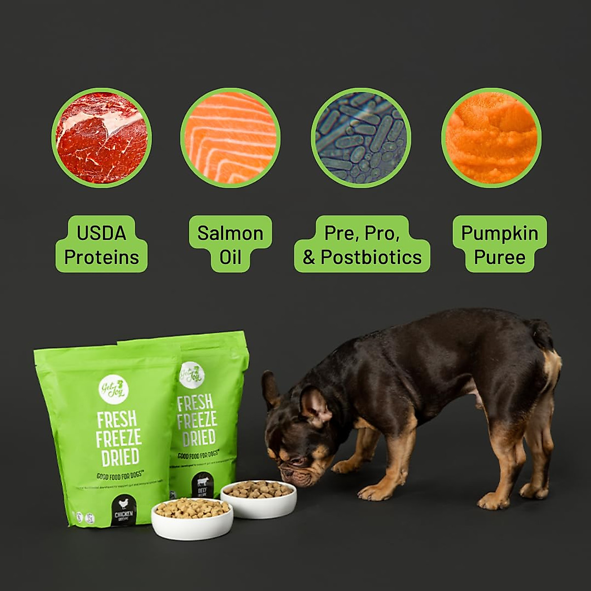 Get Joy Gut Health Fresh Freeze Dried Raw Meal, Beef Recipe, 16 Ounce Bag, Dog Food for Dogs of All Breeds and Life Stages, PhD Animal Nutritionist Formulated, USDA Beef, Made in USA