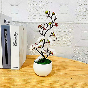 Artificial Flower in Pot Bonsai Realistic Anti Fade Faux Silk Flower Fake Plum Blossom Flower Plants Tabletops Potted Flowers Ornaments Home Hotel Garden Wedding Office Table Decoration White