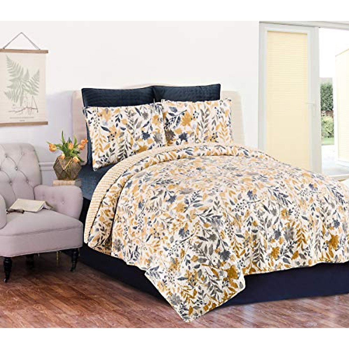 C&F Home Natural Home Full Queen Cotton Quilt Set All-Season Oversized Reversible Floral Leaves Bedding 3 Piece with Shams Full/Queen 3 Piece Set Yellow