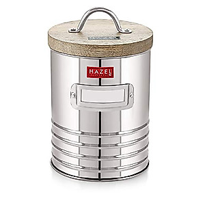 HAZEL Stainless Steel Storage Jar Container With Wood Lid, Set of 3, 1400 ML, Silver