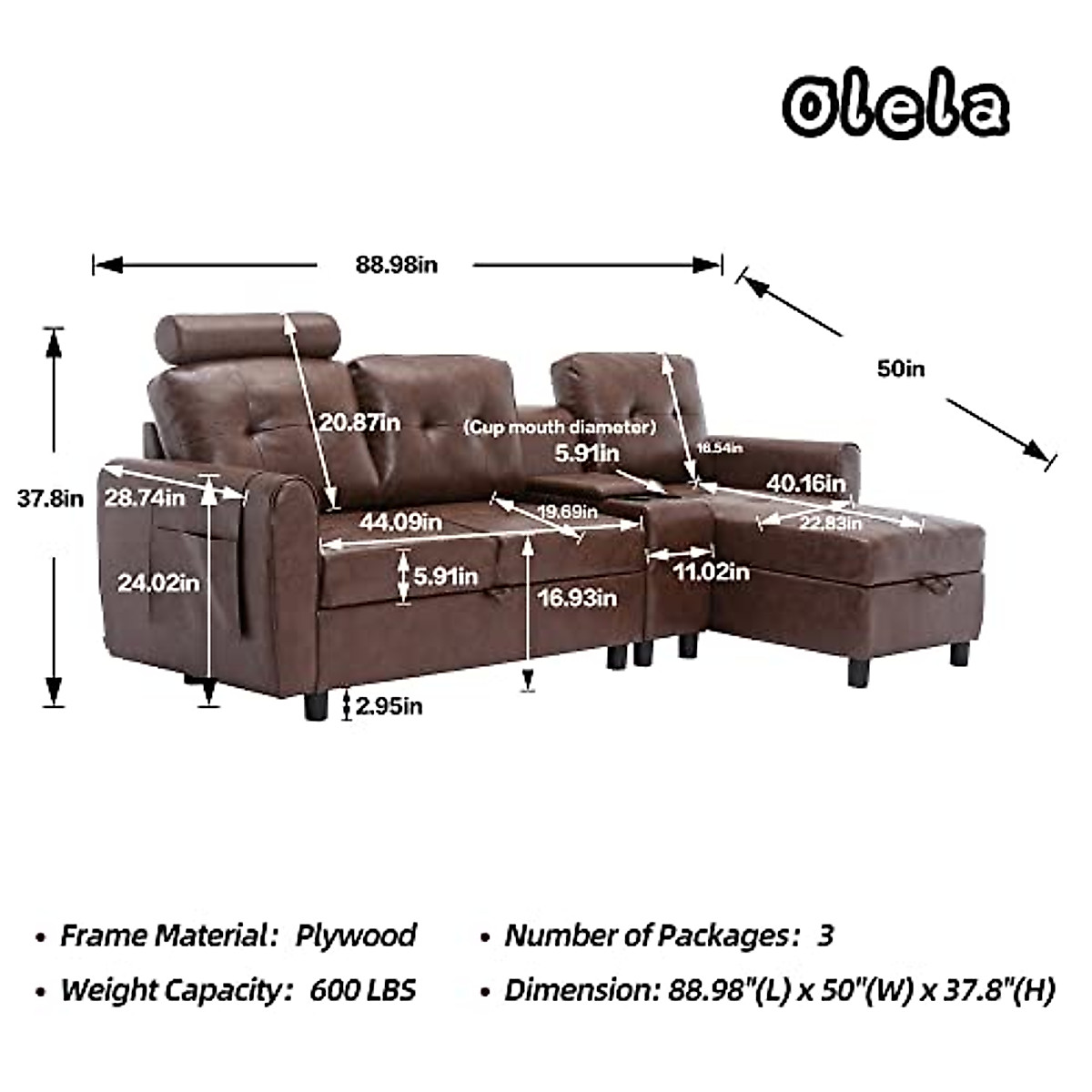 Olela L Shaped Couch, Faux Leather Modular Sectional Sofa Modern Convertible Storage Couches with Side Pocket Tufted Back for Living Room,Apartment (Brown PU)