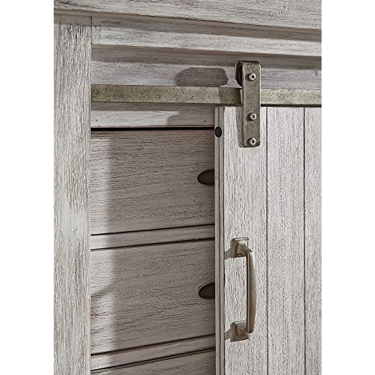 Signature Design by Ashley Brashland Farmhouse 5 Drawer Chest with Dovetail Construction & Sliding Barn Door Revealing Adjustable Shelf, Textured White