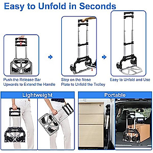 Double Rhombus Folding Hand Truck Dolly Cart, 330 Lbs Load Capacity Aluminium Trolley Cart with Telescoping Handle, 2 Rubber Wheels, Bungee Cords for Luggage, Travel, Moving, Shopping, Office Use
