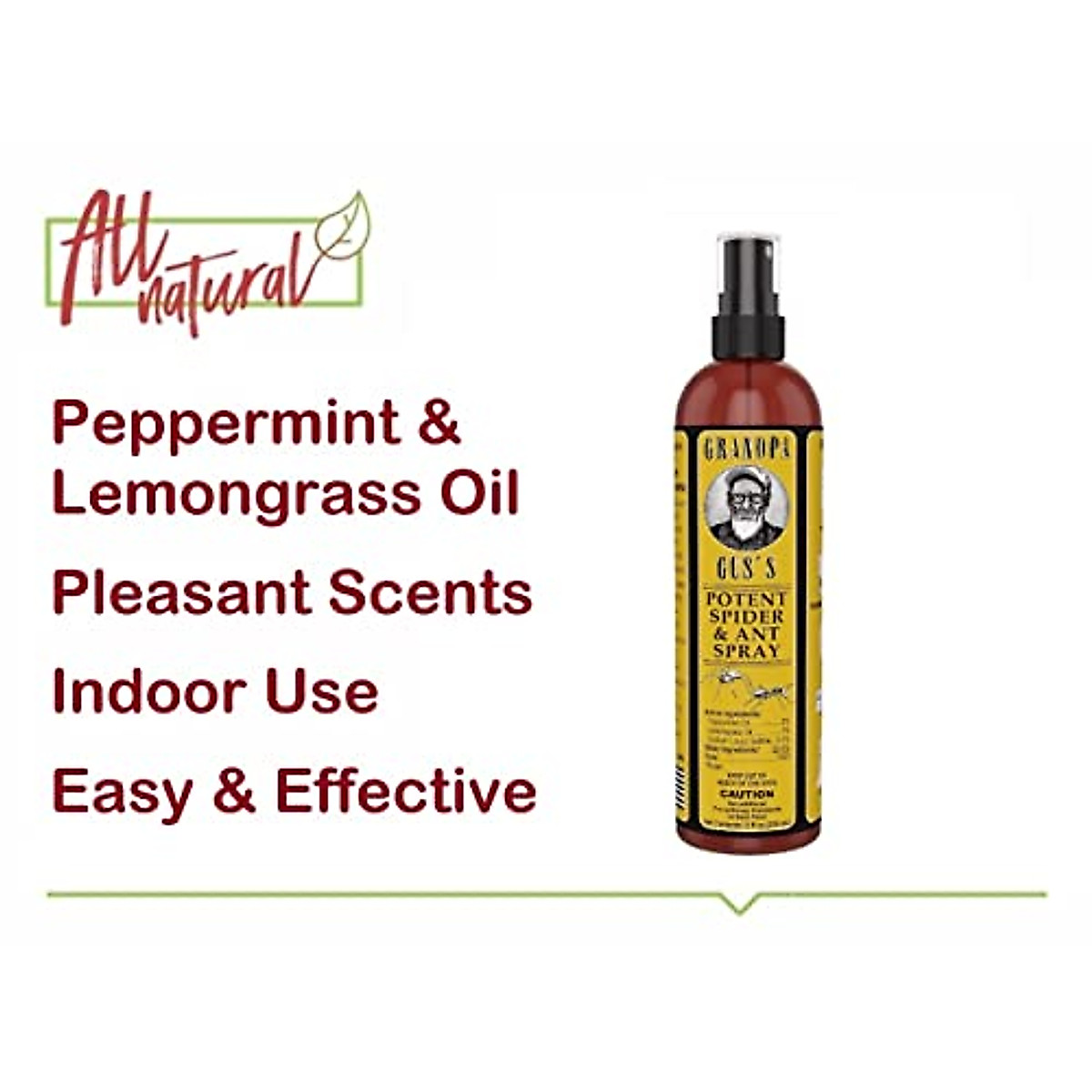 Grandpa Gus's GSS-8-BAG-1 Potent Spider & Ant Spray, All-Natural Water-Based Peppermint and Lemongrass Oil Mix, Fresh Scent, No Stains, Use In Closets, Basements/Cabin, Sheds, RV & Garages, 8oz Bottle