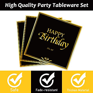 50th Birthday Black Gold Party Paper Plates and Napkins Supplies Disposable Fifty AF 50 Years Party Decorations for Him Her Serve 24 Guests