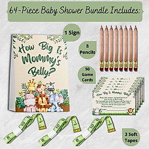 WillaBees Measure Mommys Belly Baby Shower Game How Big is Moms Belly? Game 62 Piece Safari Theme Baby Shower Bundle Include Sign 50 Playing Cards 8 Pencils 3 Baby Measuring Tape Baby Sprinkle