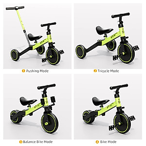 67i Tricycles for 1-3 Year Old Toddler Tricycle with Push Handle 1-3 Years Old Trikes for Toddlers Push Handle Kids Push Trike Toddler Bike Removable Pedals Adjustable Seat and Handle (Green)