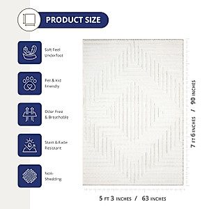 Abani Neutral Cream Area Rug 5' x 8' for Living Room, Bedroom - Tone-on-Tone Geometric Design - Durable & Easy to Clean