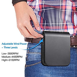 Portable Waist Clip Fan with 23H Working Time, 6000RPM Strong Airflow, 3 Speeds, Rechargeable Battery Operated Personal Fan, Hands-free USB Belt Fan for Clothes Shirt Farm Work Hiking