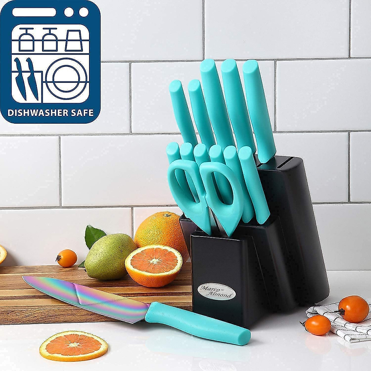 Rainbow Color Cutlery Knife Set, Marco Almond KYA27 Kitchen Knives Set with Wooden Block Plugs Professional Rainbow Color Box Grater,Stainless Steel Grater Slicer 5 PCS Set