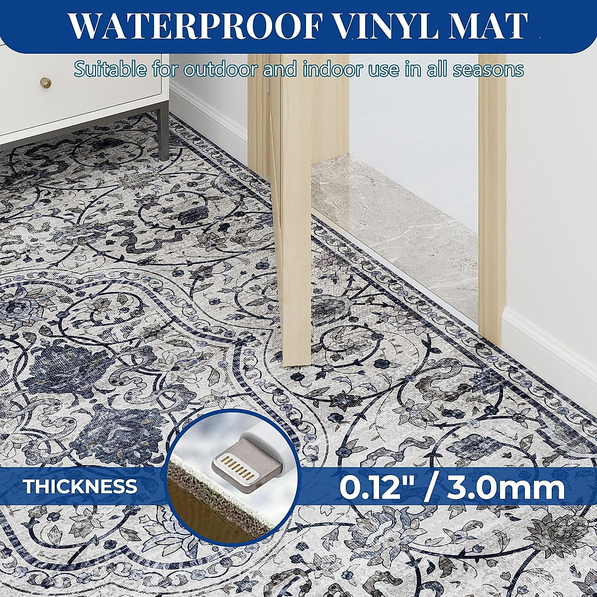 SALLOUS Vinyl Mat, 2x8ft Runner Rug for Hallway, Non-Slip Waterproof Area Rug for Living Room, Washable Floor Mat for Kitchen, Bathroom, Entryway (Grayish Blue Bohemian-Style)