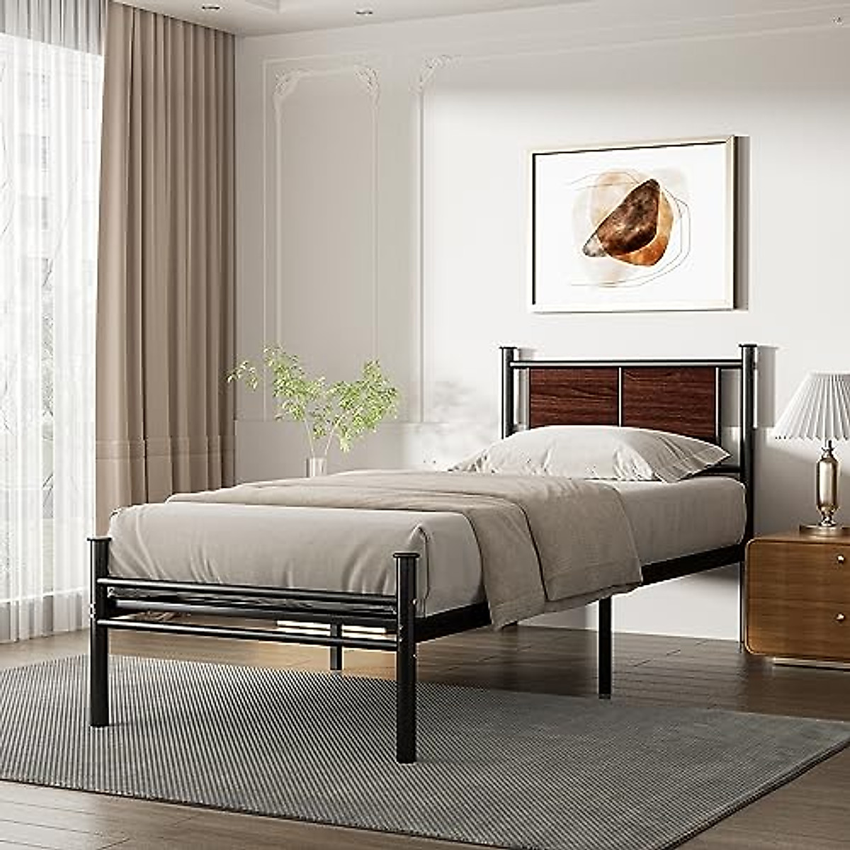 HAOARA Twin XL Size Bed Frame with Rustic Wood Headboard, Metal Heavy Duty Platform Frame, Sturdy Steel Slat Support, No Box Spring Needed, Black