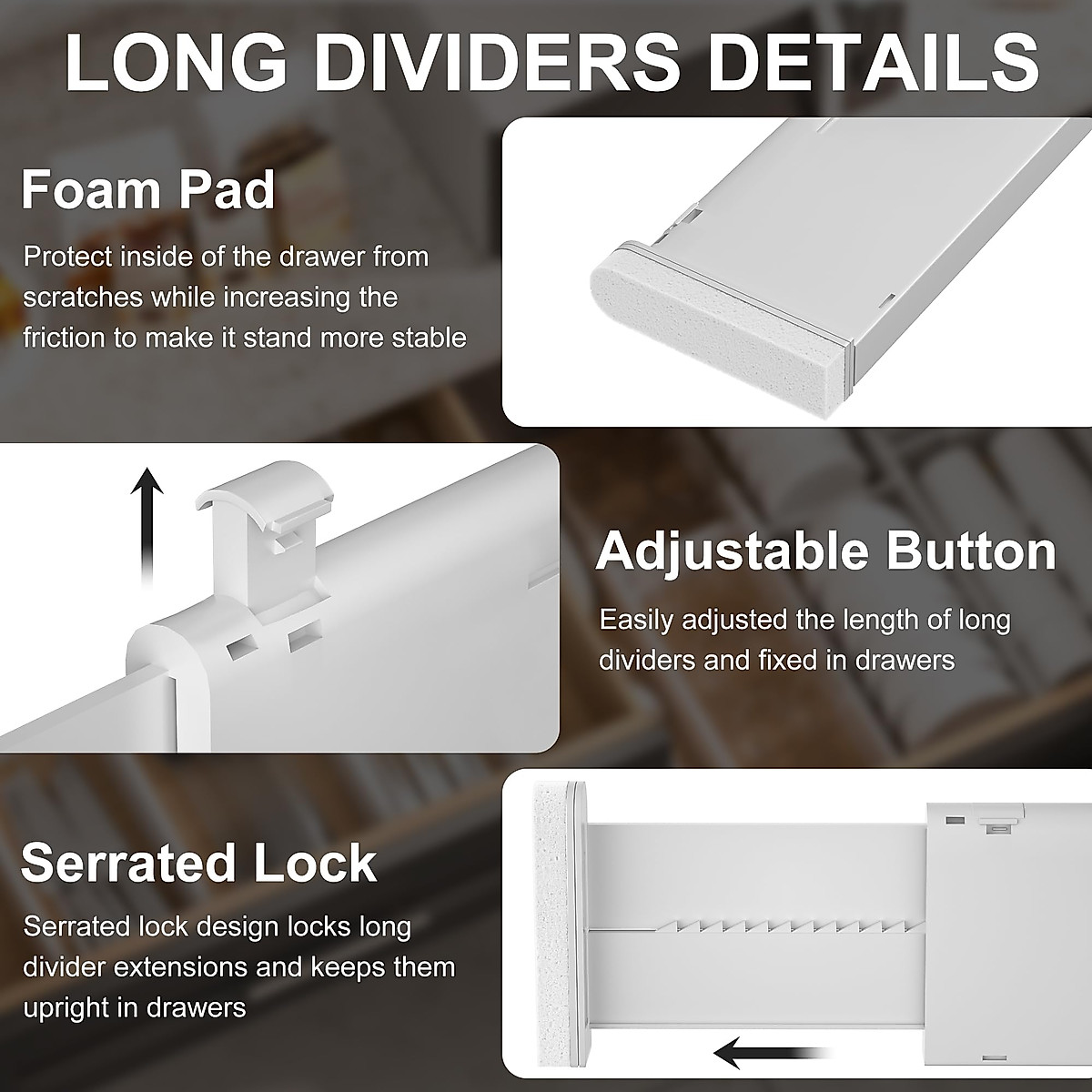 HiYZ Expandable Drawer Dividers - 12.6-22.8'' Adjustable Drawer Divider Organizers for Kitchen Utensils, Drawer Separators in Bedroom, Dresser, Office, Bathroom, Fridge, 3 Pack Long Dividers-Gray