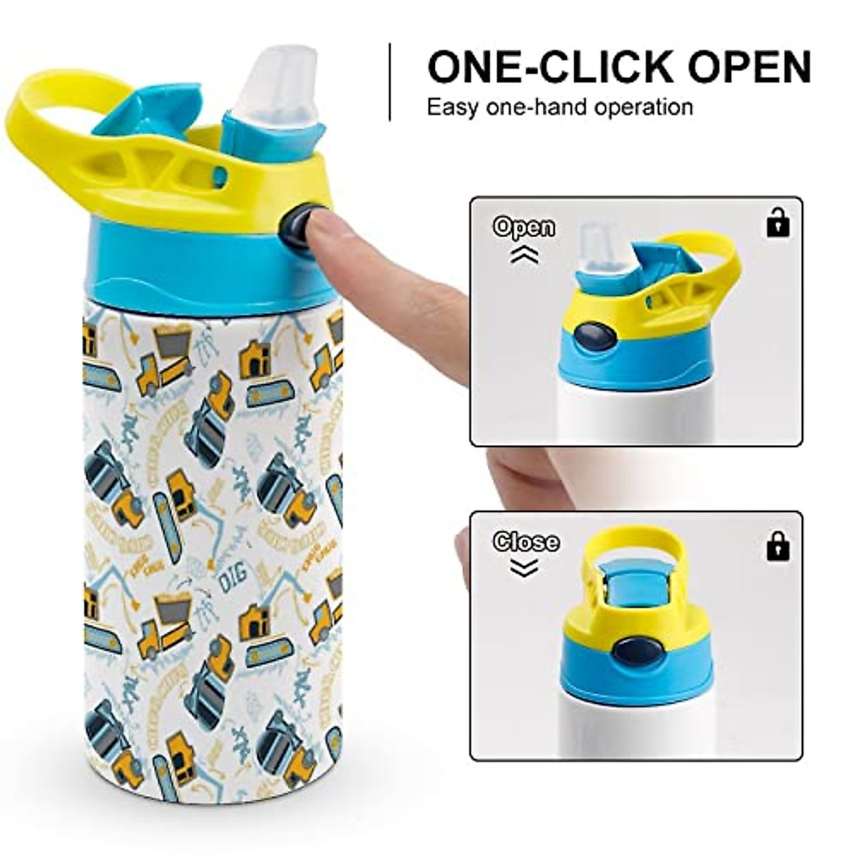 Construction Vehicles Pattern Water Bottle Stainless Steel Water Cup Coffee Mug with Straw for Home Sports Travel Blue-Style