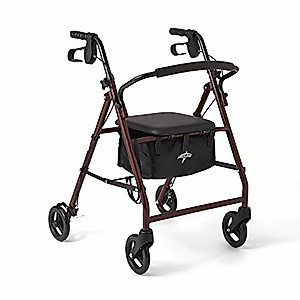 Medline Steel Foldable Adult Rollator Mobility Walker With 6” Wheels, Burgundy