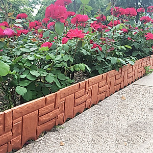 SUBBYE Plastic Flower Bed Edging Fencing for Garden Decor - Tall 23cm Red Stone Brick Effect Portable Lawn Edging Interlocking Panels, 6 Pack