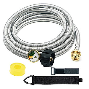 NQN 12FT Stainless Braided Propane Adapter Hose with Gauge, Propane Tank Hose Adapter 1lb to 20lb Converter for QCC1/Type1 Coleman Camp Stove, Buddy Heater, Tabletop Grill&More 1lb Portable Appliance