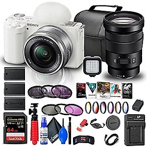 Sony ZV-E10 Mirrorless Camera with 16-50mm Lens (White) (ILCZV-E10L/W) + Sony 18-105mm Lens + 64GB Memory Card + Color Filter Kit + Filter Kit + Corel Photo Software + Bag + More (Renewed)