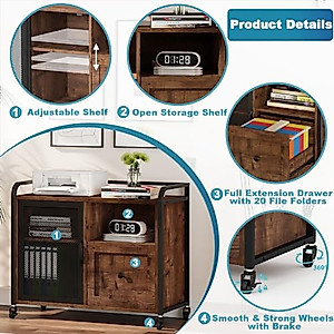 BON AUGURE Filing Cabinet for Home Office, Rolling Lateral File Cabinet with Storage, Wood Metal Printer Stand with Drawer Under Desk (Rustic Oak)