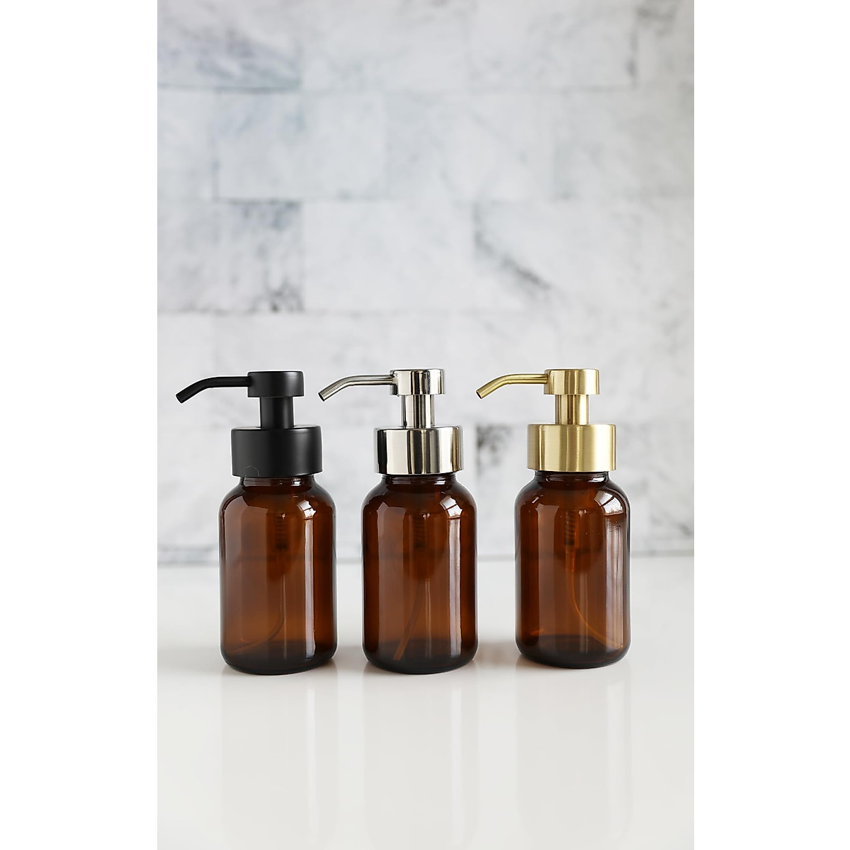 Rail19 Amber Glass Apothecary Foaming Soap Dispenser with Metal Pump - for Kitchen and Bathroom Countertop, 8.5oz (Black)