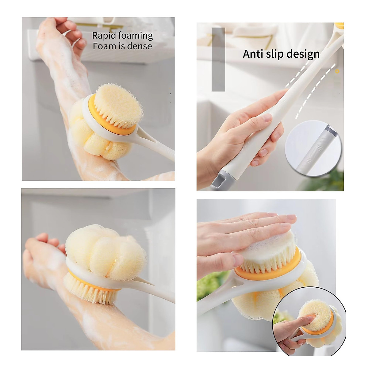 Back Scrubber for Shower, Body Scrubber with Soft Bristles and Loofah, Long Handle Bath Brush Skin Exfoliator Wet or Dry Body Brush, Shower Back Brush for Men Women, Anti Slip Handle, Dual-Sided