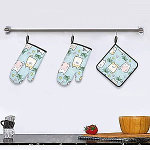 Mxocom Cute Cats Butterfly Oven Mitts and Pot Holders Sets of 3 BBQ Gloves for Kitchen,Cooking,Baking,Grilling Resistant Hot Pads for Women