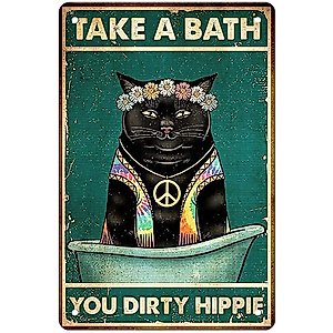 AntSwegg Bathroom Funny Black Cat for Cat Lovers Gifts Vintage Cat Wall Decor Posters Art Black Cat Metal Tin Sign-TAKE A BATH YOU DIRTY HIPPIE-Home Farmhouse Toilet Bathroom Wall Decor Gifts 8x12 in