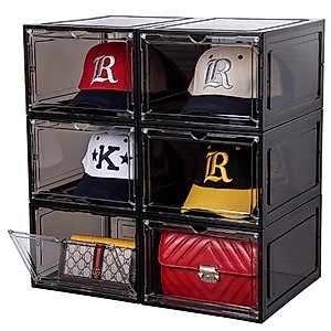 Attelite Hat Organizer for Baseball Caps, set of 6, Stackable Hat Storage Box, Hat Holder With Transparent Magnetic Door, Hat Rack, Easy to Assemble Stylish Hat Display(Clear Black)