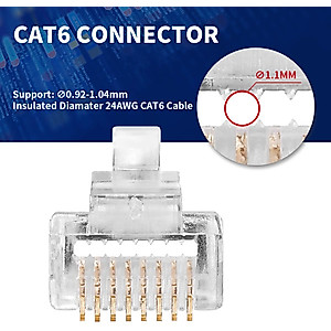 Quilence CAT6 Connectors RJ45 Pass Through Connectors 50pcs 3 Prong Ethernet Gold Plated Network Ends Plug Cable Connectors for 24AWG CAT6 CAT5E Cable
