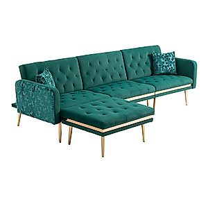 Pvillez Sectional Sofa Futon Sofa Bed Convertible Sleeper Sofa Couch w/Chaise Lounge,Ottoman L-Shape Convertible Couches for Living Room Button Tufted Back Velvet Couch w/Golden Legs