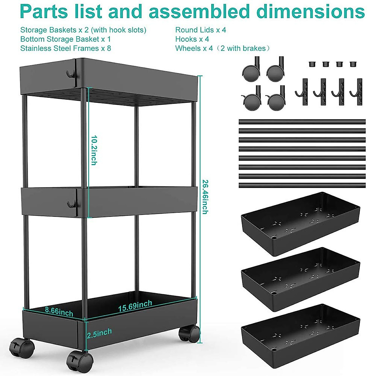 3 Tier Storage Shelves,Mobile Shelving Unit Organize,Bathroom Organizers with Casters Wheels for Bathroom Kitchen Laundry Narrow Places