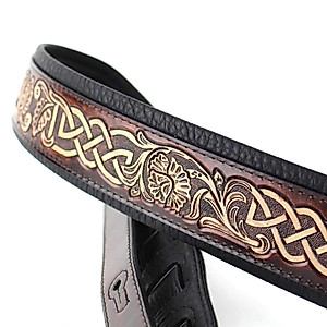 Walker & Williams KB-05-BRN Dark Walnut Full Grain Center Block Carving Leather Padded Guitar Strap With Aged White Celtic Chain