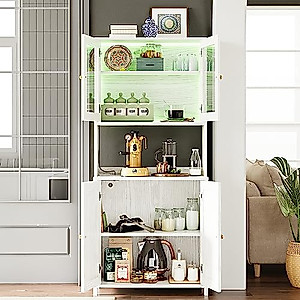 IRONCK 71” Bar Cabinets with LED Light, Power Strip and Glass Holder, Tall Freestanding Liquor Cabinet Bar for Kitchen, Dining Room (White)