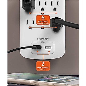 Fosmon 6 Outlet Surge Protector 1200 Joules with 2 USB Ports Charger (3.1A), Multi Plug Outlet Extender 1875 Watt, 3-Prong Grounded Wall Tap Adapter