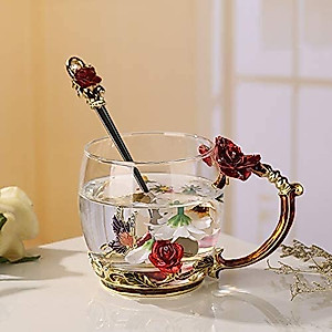 VANUODA Enamels Butterfly Flower Tea Cup, Glass Coffee Mugs with Spoon, Valentines Mothers Day Graduation Christmas Gifts for Women Wife Mom Her Grandma Girls Teacher Friends, Birthday Present Idea