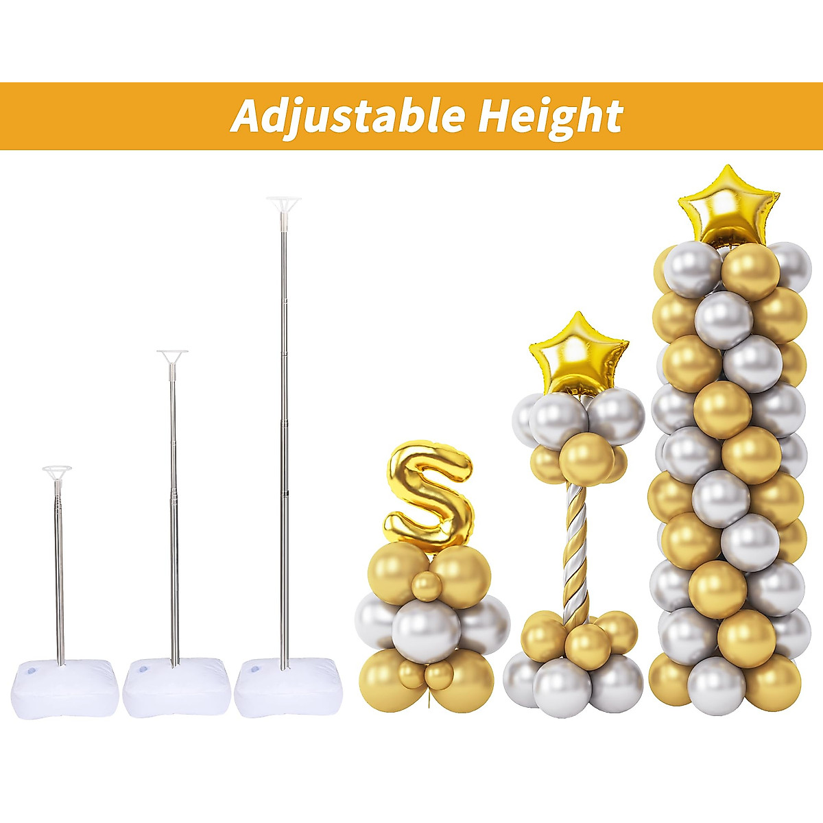 RUBFAC Balloon Stand Kit, 2 Sets of Adjustable Height (Max 6.6ft) Balloon Column Kit for Floor with Telescopic Pillar for Baby Shower Birthday Party Graduation Wedding Valentine's Day Decorations