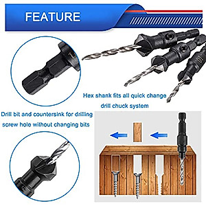 Countersink Drill Bits Set - 1/4 Inch Hex Shank Tapered Drill Bits, Quick Change Wood Woodworking Counter Sinker Drill Bit with Hex Wrench Screw Pilot Hole Drilling Tools for Wood Plastic,4Pcs
