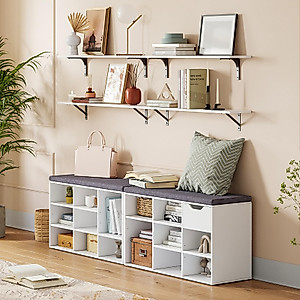 DINZI LVJ Shoe Storage Bench with Cushion, Cubby Shoe Rack with 9 Cubbies, Adjustable Shelves, Multifunctional Shoe Organizer Bench for Entryway, Mudroom, Hallway, Closet and Garage, White