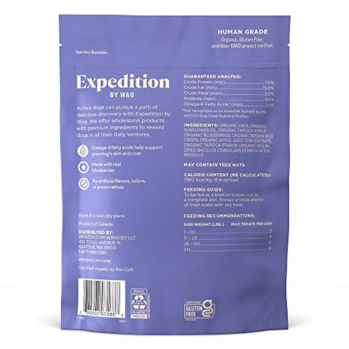 Amazon Brand - Wag Expedition Human Grade Organic Granola Bites Dog Treats, Non-GMO, Gluten Free, Oat & Blueberry, 10oz